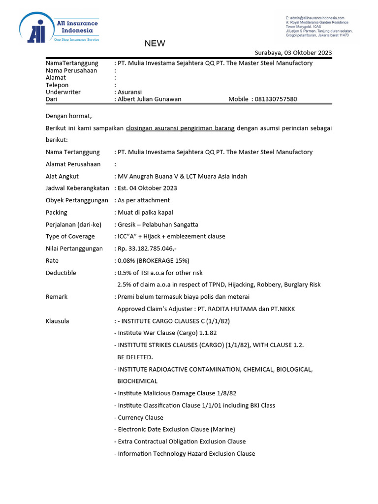 1 Pengajuan Shipment PT. Mulia Investama Sejahtera QQ PT. The Master Steel Manufactory | PDF ...