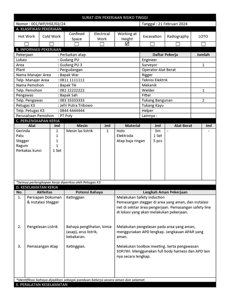 Surat Izin Kerja Risiko Tinggi | PDF