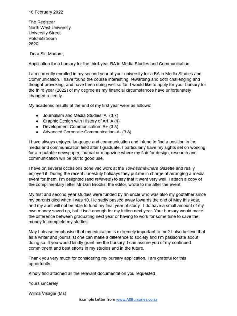 Example Motivational Letter For Bursary 1 | PDF