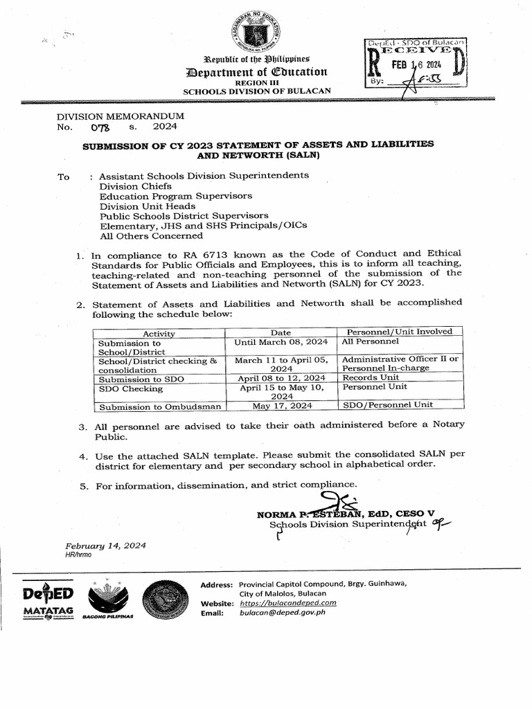 Division-Memorandum-No-078-S-2024 - Saln 2023 | PDF