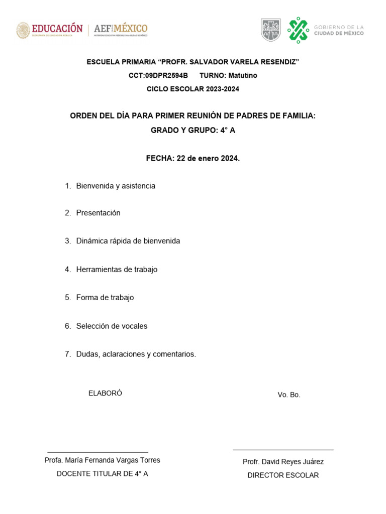 Orden Del Día para Primer Reunión de Padres de Familia | PDF | Ajedrez