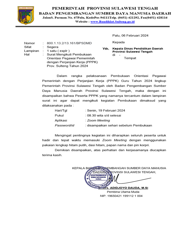 Surat Mengikuti Pembukaan Peserta PPPK 12 Angkatan TTD M | PDF