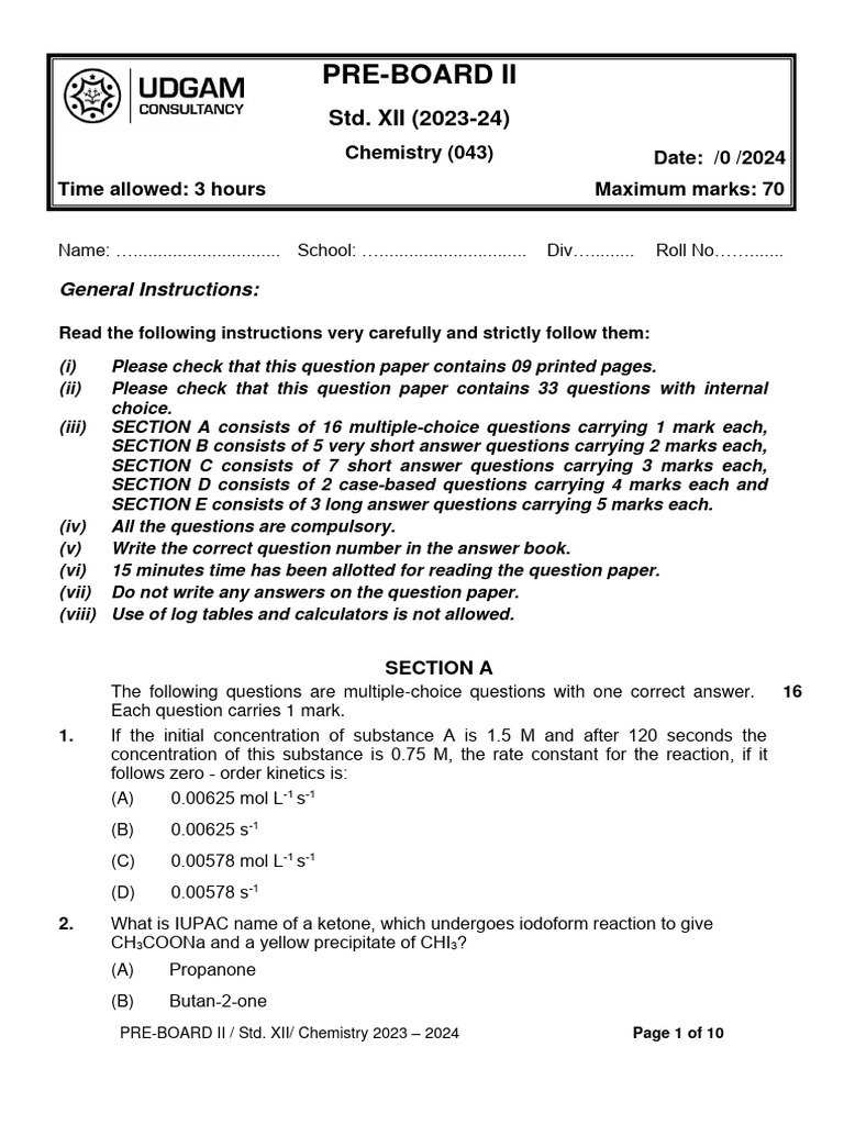Chemistry XII Pre Board II Paper (2023-2024) | PDF | Coordination ...