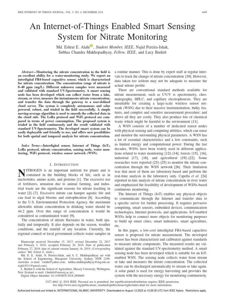 IoT Smart Sensing for Nitrate Monitoring | PDF | Wireless Sensor Network | Internet Of Things