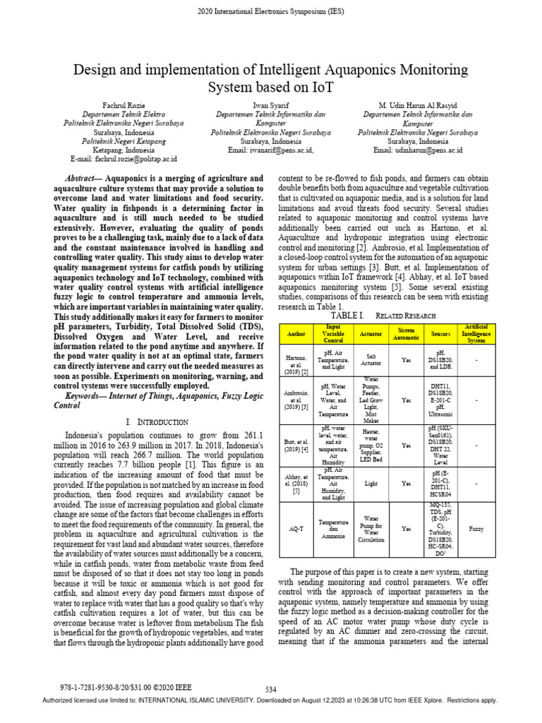 Design and Implementation of Intelligent Aquaponics Monitoring System Based On IoT | PDF | Fuzzy ...