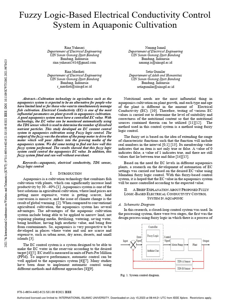 Fuzzy Logic-Based Electrical Conductivity Control System in Aquaponic Cultivation | PDF | Fuzzy ...