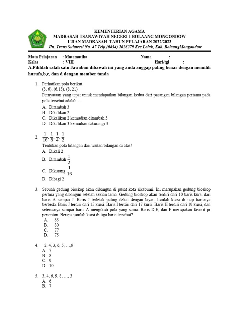 Soal Kelas 8 Matematika Semster Ganjil | PDF