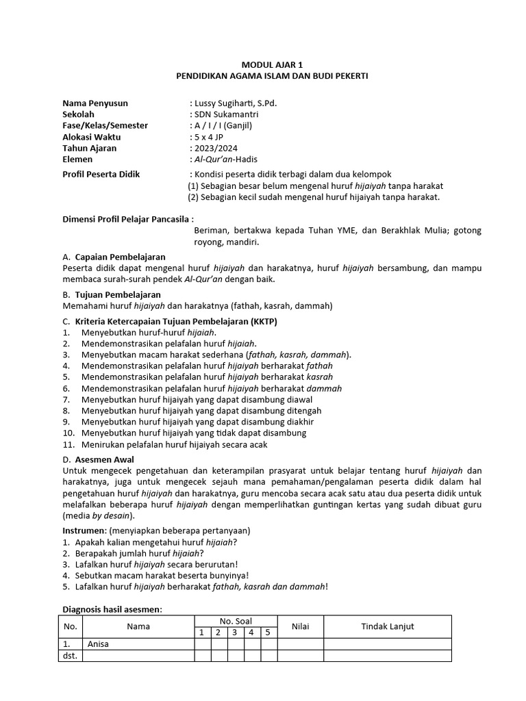 Modul Ajar Paibp Kelas 1 SMT I | PDF