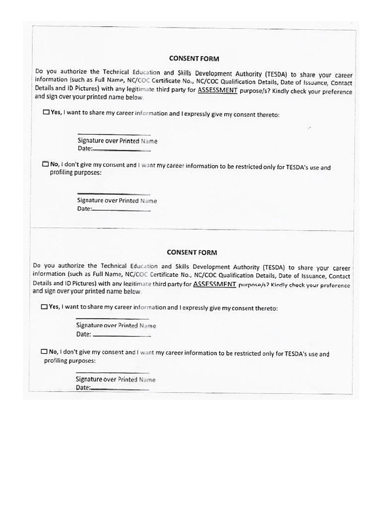 TESDA Consent Form | PDF