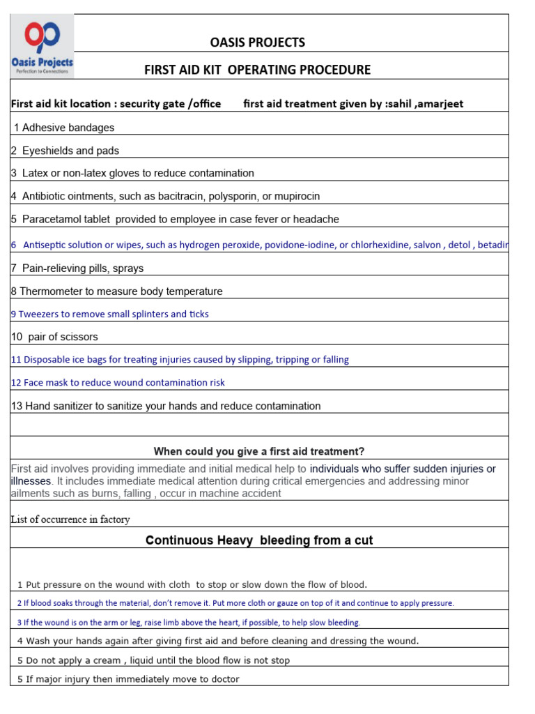 First Aid Kit Operating Procedure Guide | PDF | Wound | First Aid