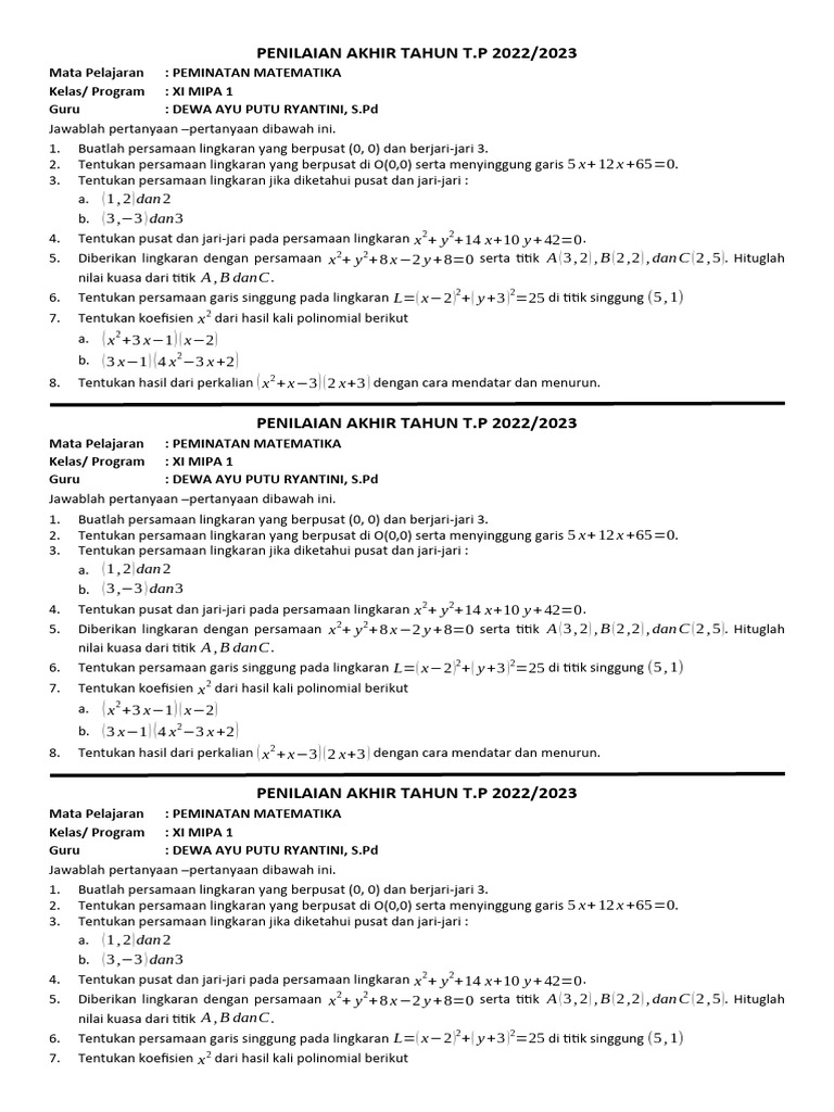 Penilaian Akhir Tahun T MTK Peminatan Kelas Xi | PDF