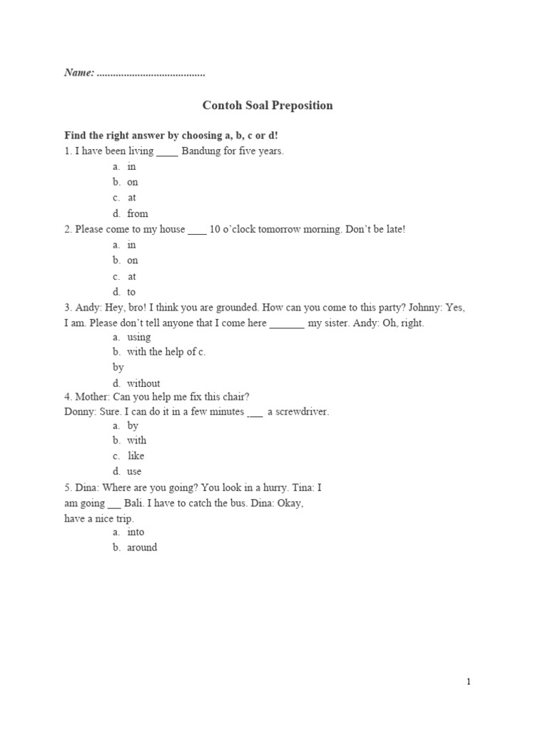 Contoh Soal Preposition Kunci Jawaban | PDF