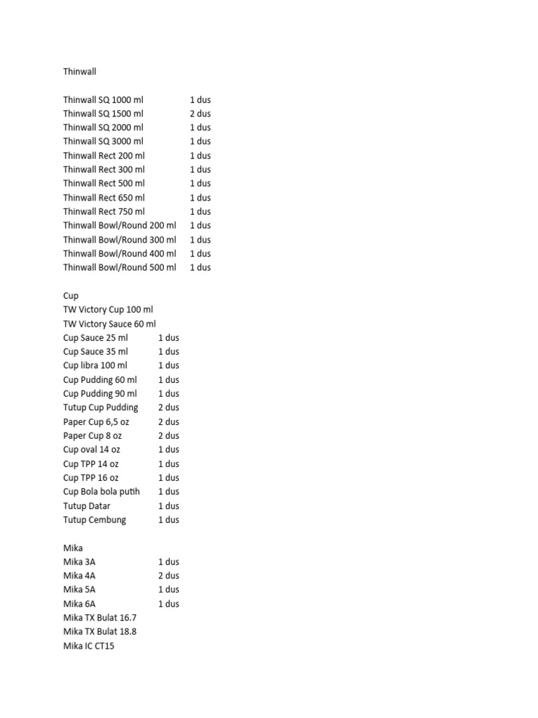 Thinwall and Mika Product Pricing | PDF | Cooking, Food & Wine
