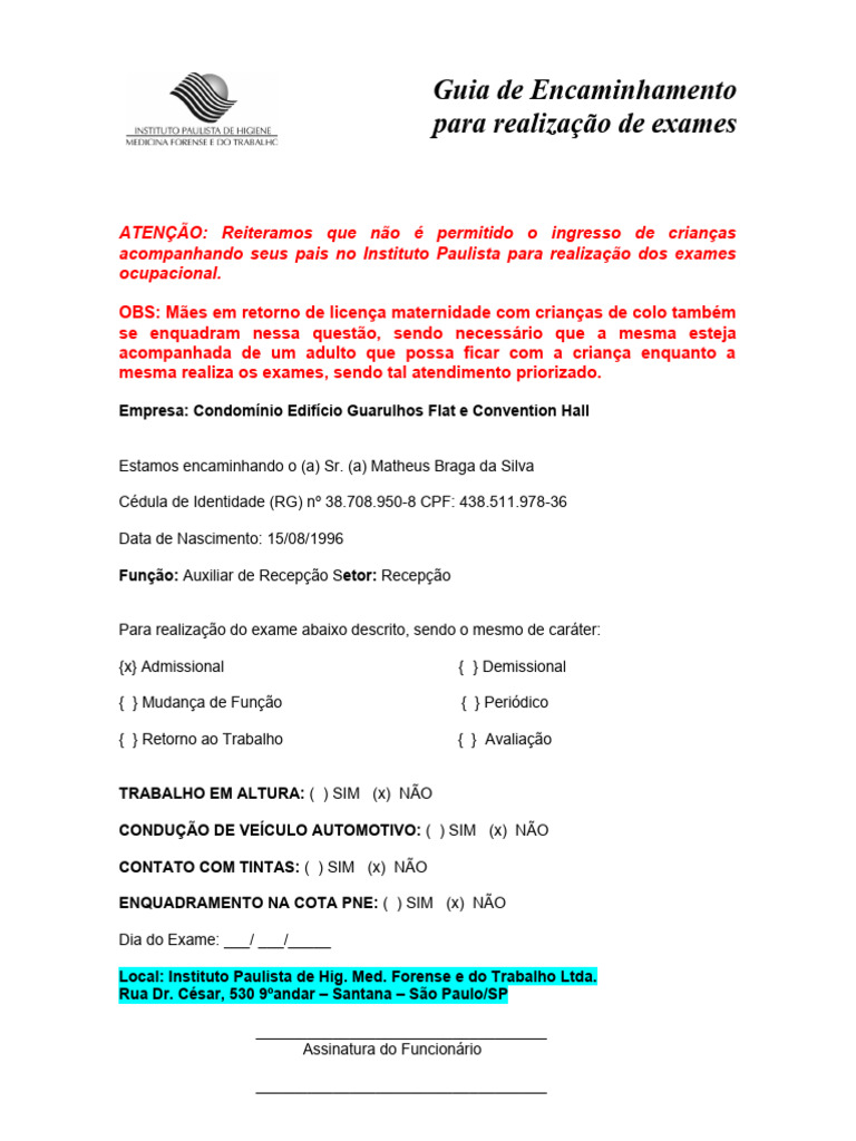 MODELO DE GUIA DE ENCAMINHAMENTO - Instituto Paulista | PDF