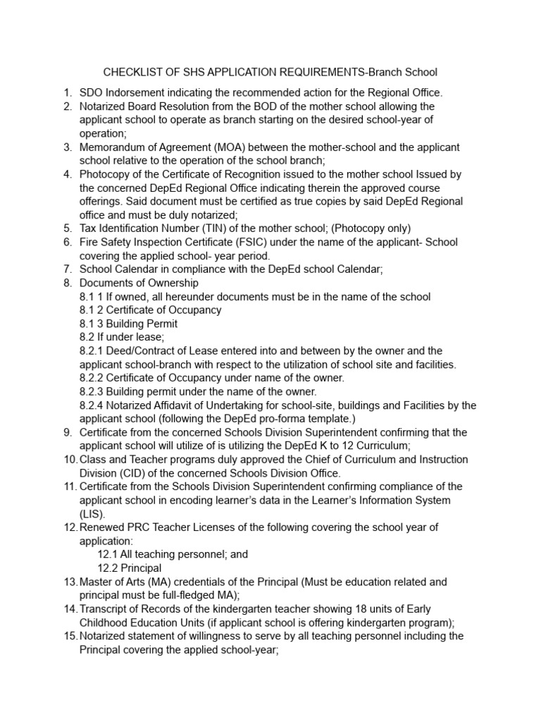 SHS Branch Application Checklist | PDF
