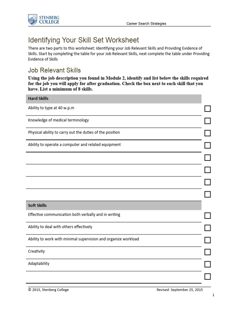 Identifying Your Skill Set Worksheet | PDF | Nursing | Skill