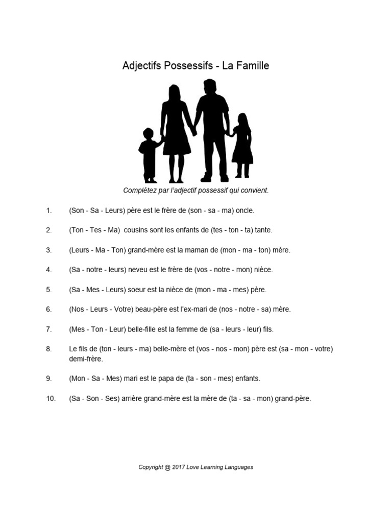 Adjectifs Possessifs - La Famille: Complétez Par L'adjectif Possessif ...