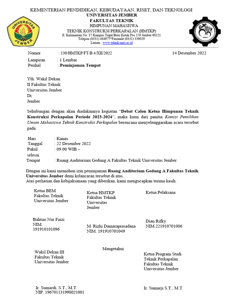 Surat Peminjaman Ruang Auditorium | PDF