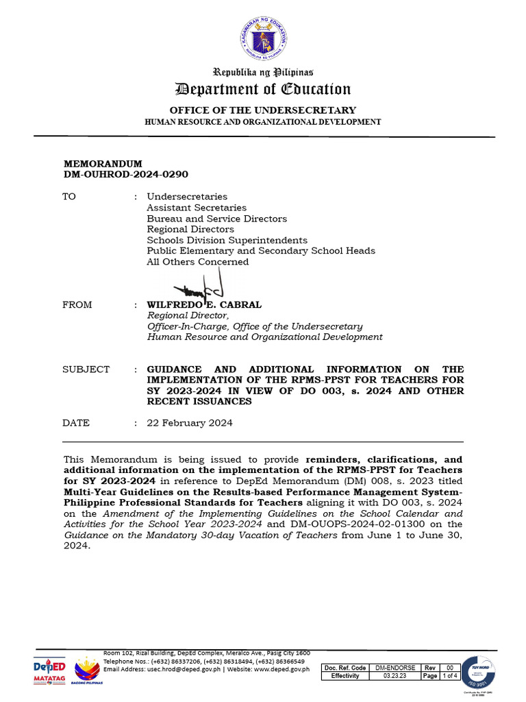 Dm-Ouhrod-2024-0290 Guidance On The RPMS-PPST Sy 2023-2024 | Download Free PDF | Teachers ...