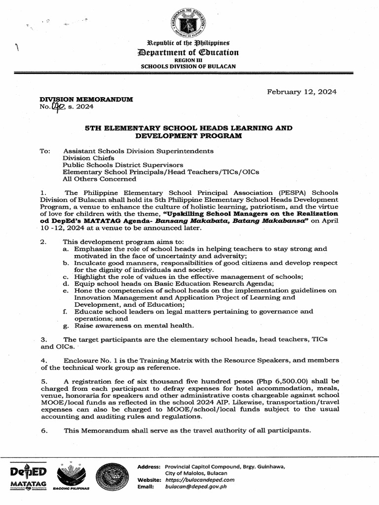Division Memorandum No 070 S 2024 Pespa Bulacan | PDF