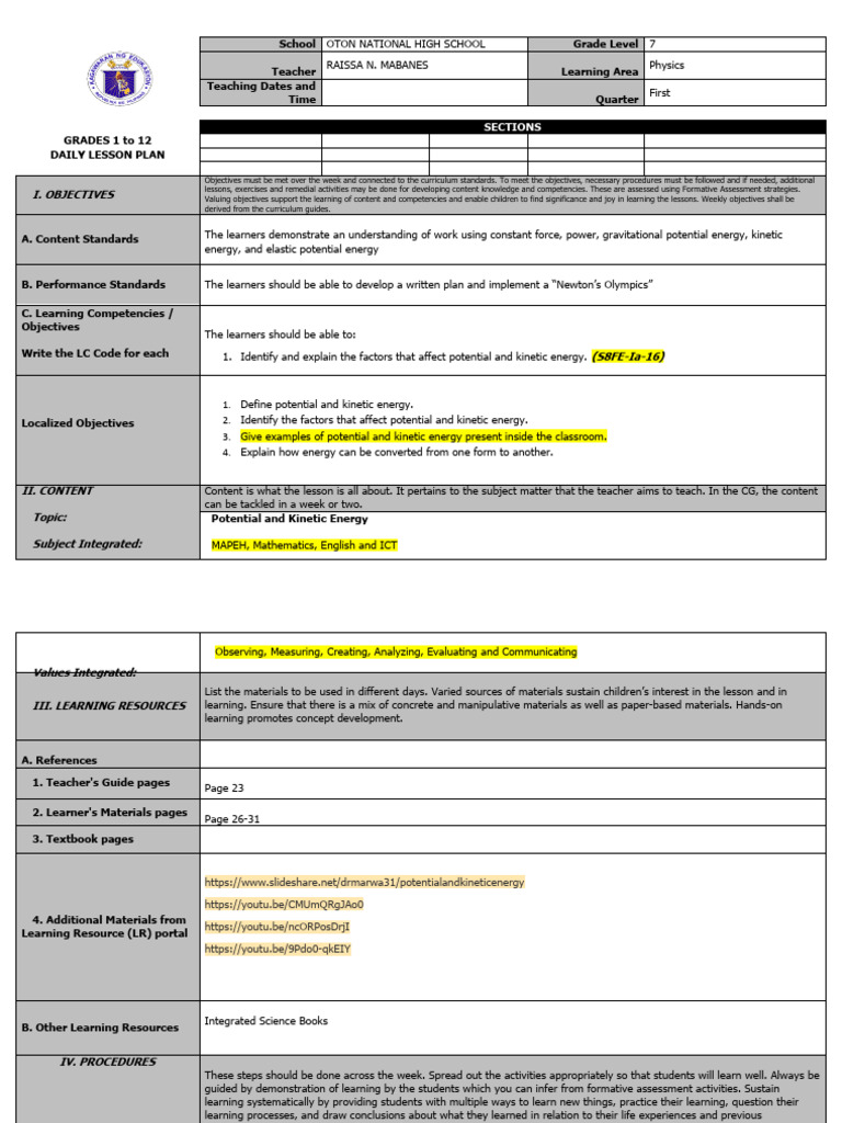 Kinetic and Potential Energy Lesson Plan | PDF | Learning | Potential ...