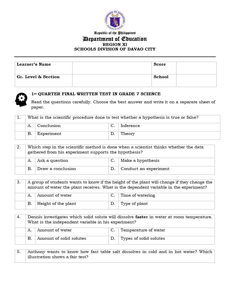 Quarterly Exam - Q1 Science 7 | PDF