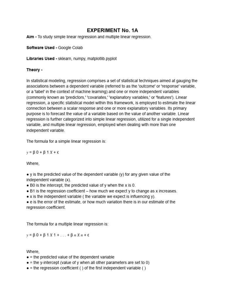 Amlfs Exp 1 A | PDF | Dependent And Independent Variables | Regression Analysis