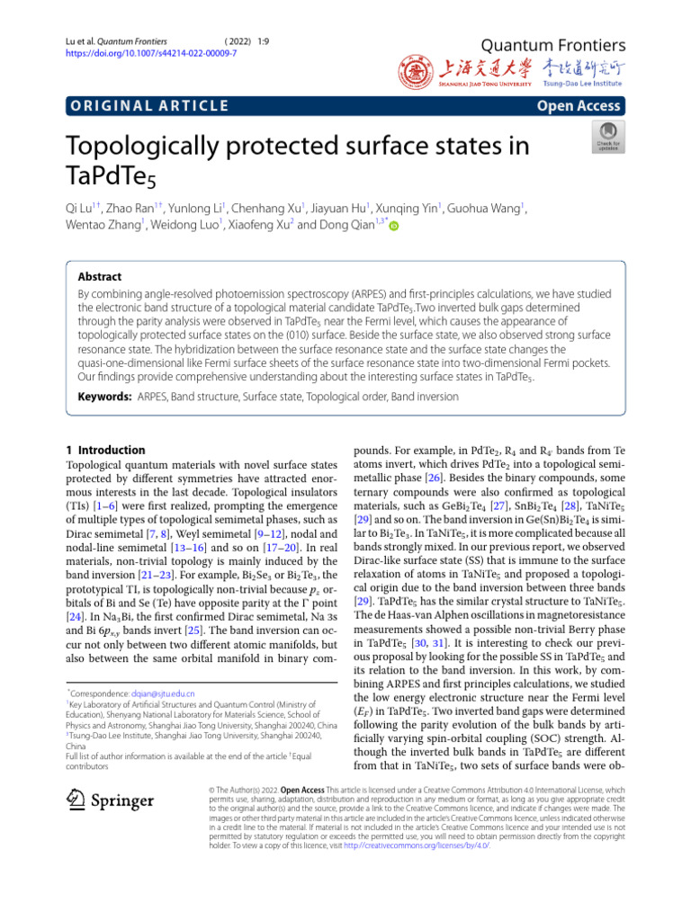 4-Topologically Protected Surface States in TaPdTe5 | PDF | Electronic ...
