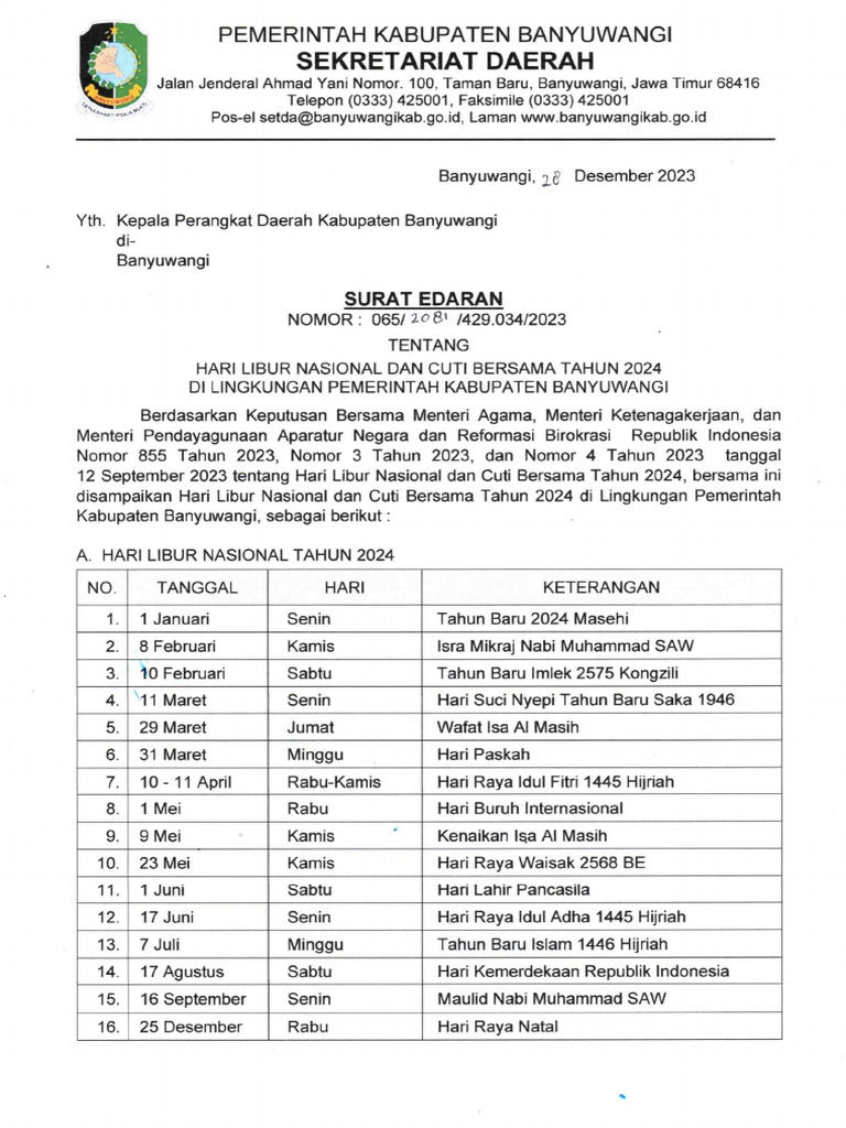 SURAT EDARAN Hari Libur Nasional Dan Cuti Bersama | PDF