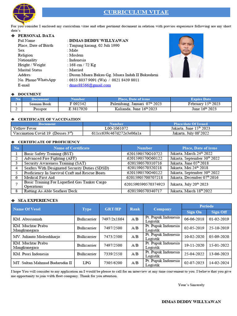 CV Dimas Deddy Willyawan | PDF | Watercraft | Freight Transport