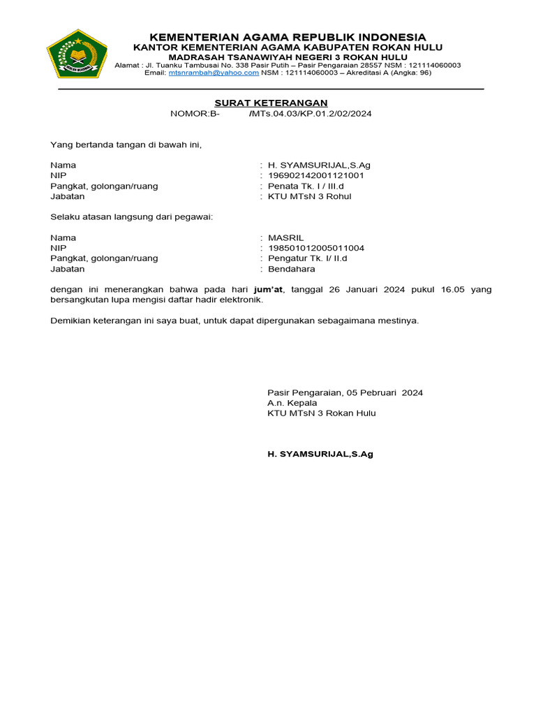 Surat Keterangan Lupa Absensi | PDF
