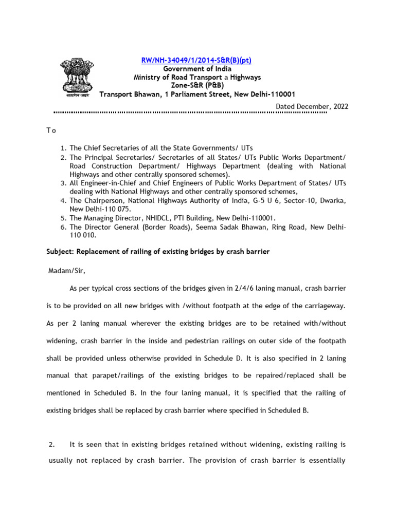 Draft Circular On Replacement of Railing of Existing Bridges by Crash ...