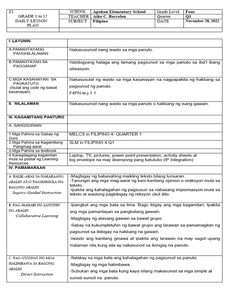FILIPINO-4-COT 2022-1st Quarter | PDF