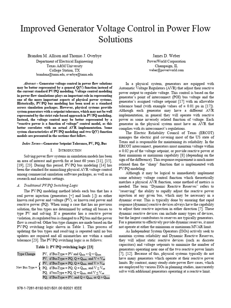 Improved Generator Voltage Control in Power Flow Solutions | PDF | Ac Power | Electromagnetism