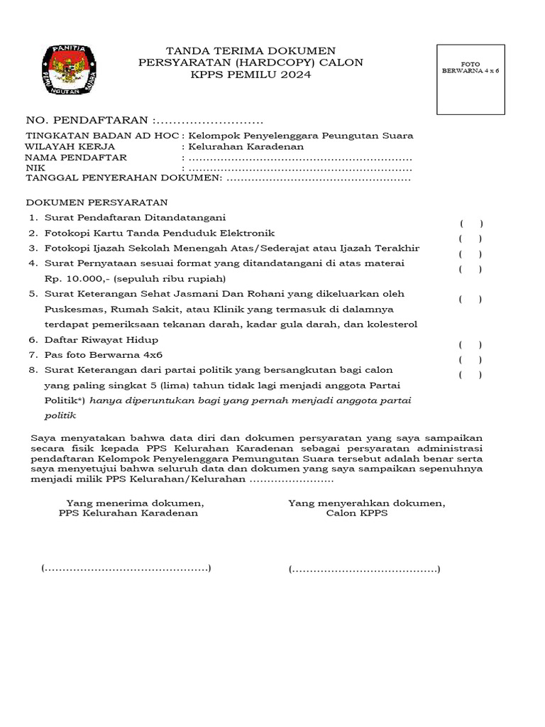 Tanda Terima Dokumen Persyaratan KPPS | PDF