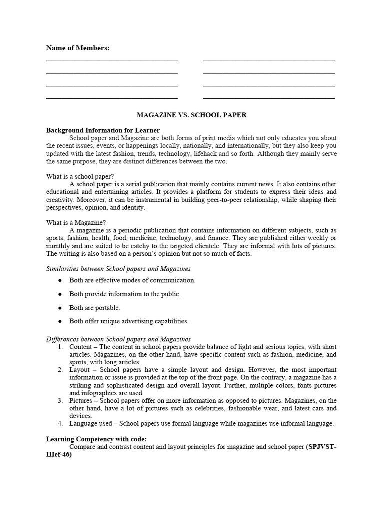 Magazine Vs School Paper-Activity | PDF | Page Layout | Magazines