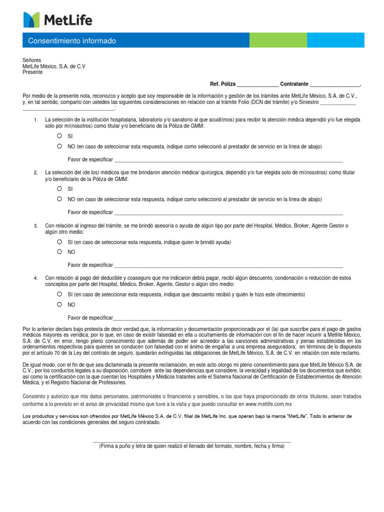 Consentimiento Informado: Ref. Póliza - Contratante | PDF | Seguro
