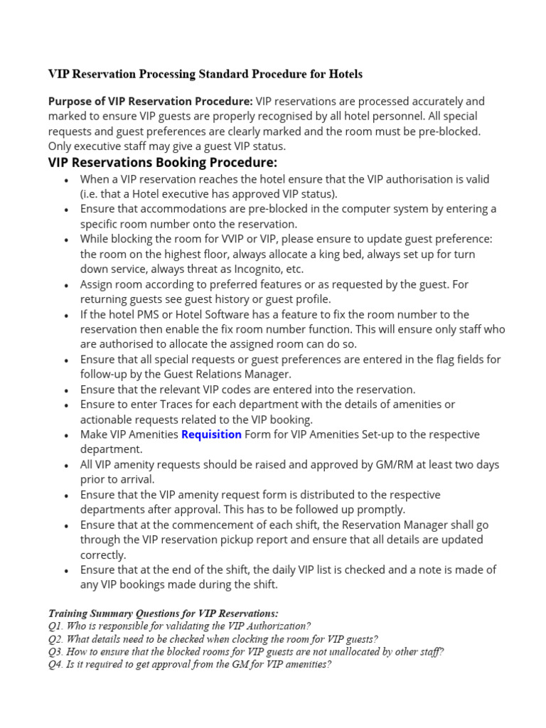 VIP Reservation Processing Standard Procedure For Hotels | PDF ...