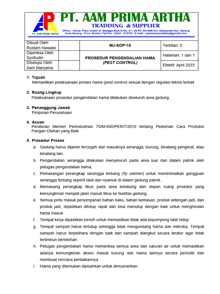SOP-15-Prosedur Pengendalian Hama (Pest Control) | PDF