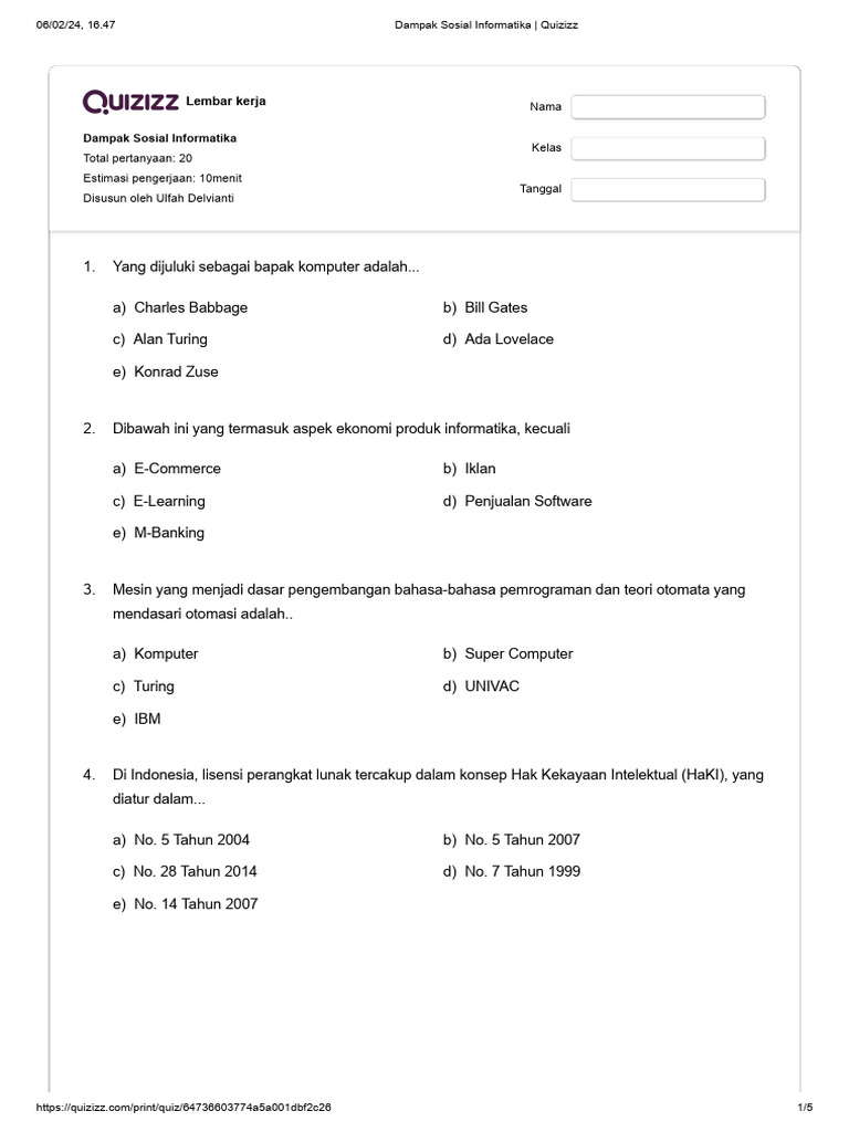 Dampak Sosial Informatika 1 - Quizizz | PDF