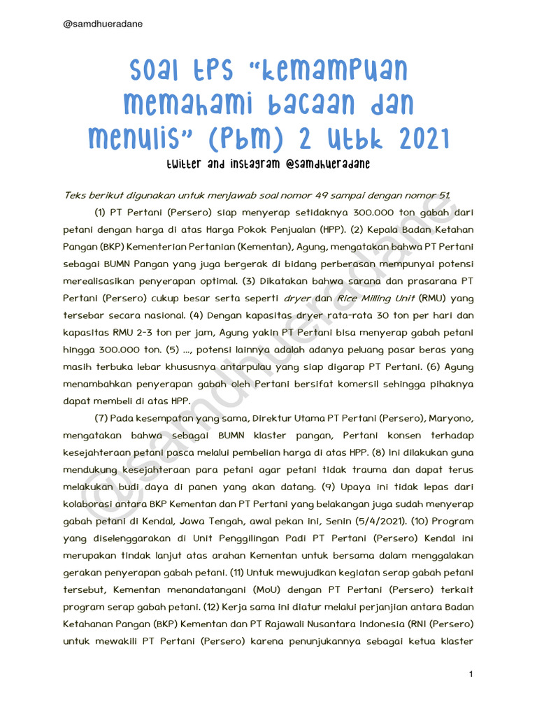 SOAL TPS UTBK 2021 2 (Kemampuan Memahami Bacaan Dan Menulis) | PDF