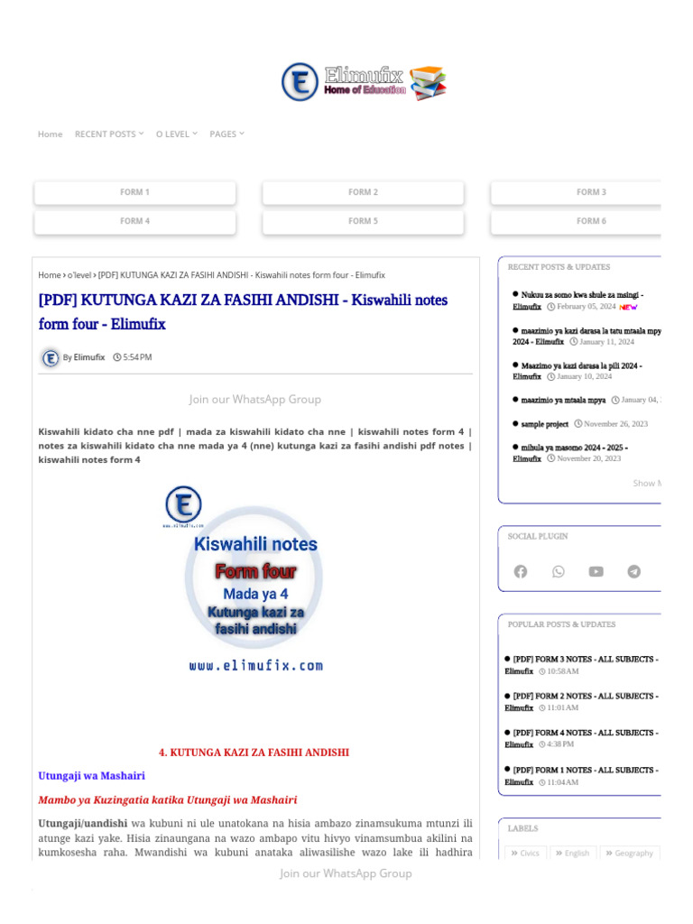 (KUTUNGA KAZI ZA FASIHI ANDISHI - Kiswahili Notes Form Four - Elimufix ...