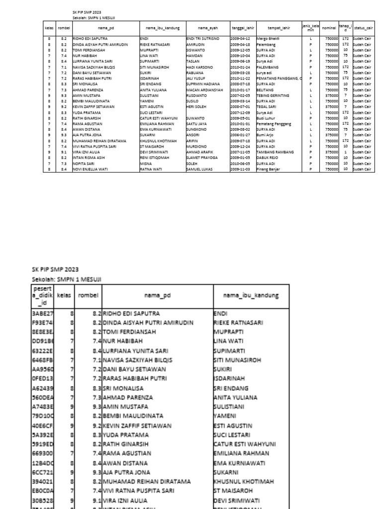 PIP Sekolah SMPN 1 MESUJI Tahun 2023 SMP Semua Tahap Semua Status Cair 20230906 | PDF