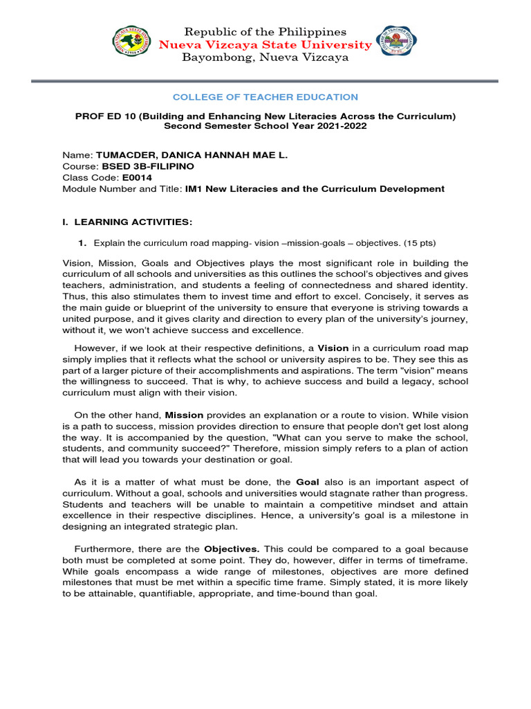 Prof Ed 10 - Module 1 - Tumacder, DHML | PDF | Curriculum | Goal