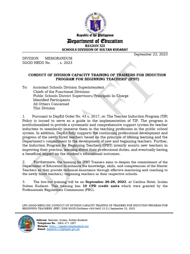 Draft Conduct Division Capacity Training of Trainers For Induction Program For Beginning ...