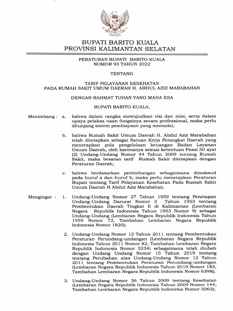 Perbup Tarif Pelayanan Rsud H. Abdul Aziz Marabahan | PDF Perbup Tarif Pelayanan Rsud H. Abdul Aziz Marabahan | PDF
