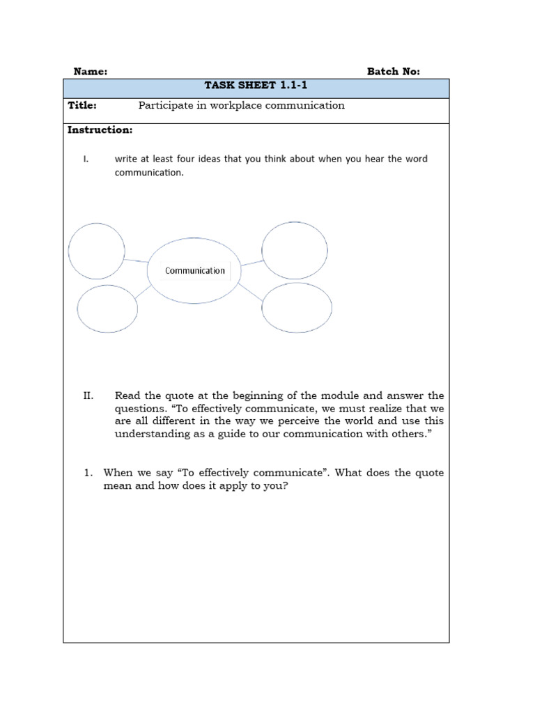 Task Sheet 1.1-1 Participate in Workplace Communication | PDF Task Sheet 1.1-1 Participate in Workplace Communication | PDF