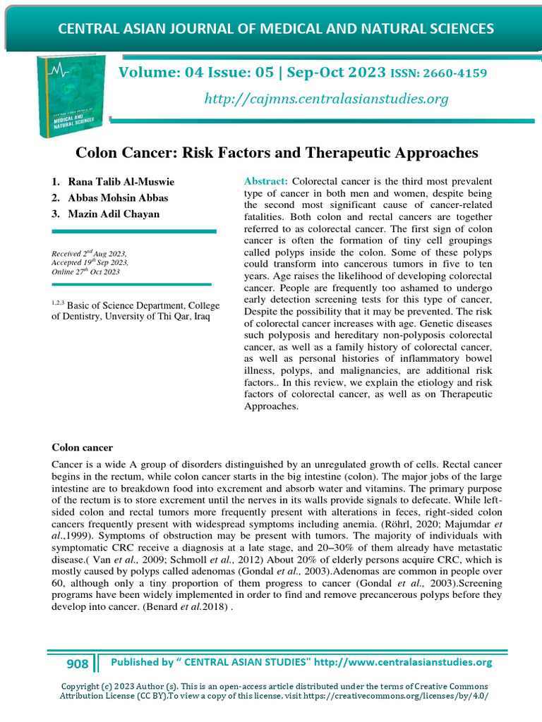 Colon Cancer: Risk Factors and Therapeutic Approaches | PDF | Colorectal Cancer | Cancer