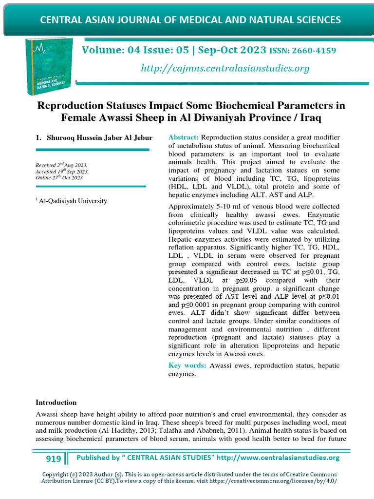 Reproduction Statuses Impact Some Biochemical Parameters in Female ...