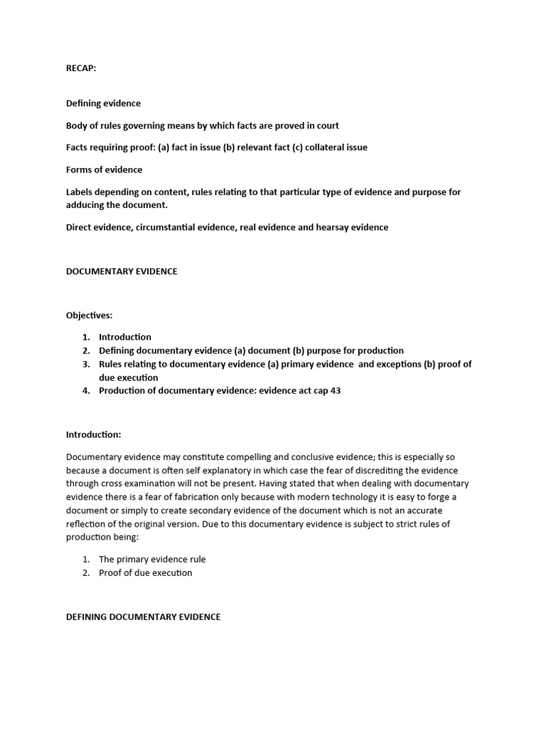 Decumentary Evidence and Evidence Recap | PDF | Evidence (Law) | Evidence